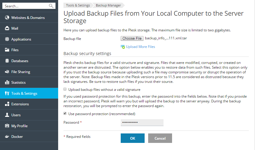 Uploading Backup Files to Server | Plesk Onyx documentation